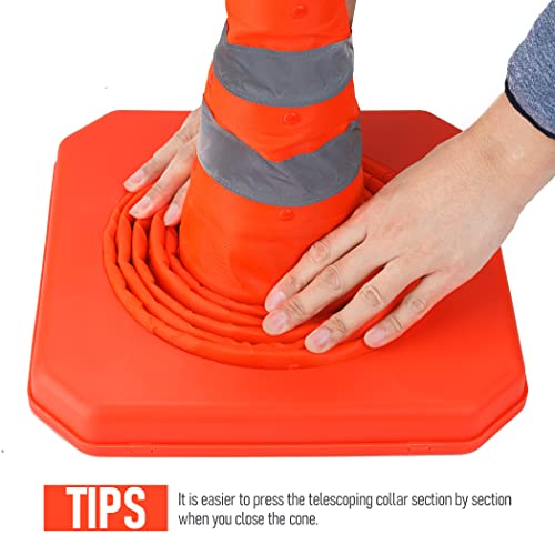 Cartman 4 Pack 28 Inch Collapsible Traffic Cones with LED Light, Multi Purpose Pop up Reflective Safety Cones, Pack of 4, Battery Included