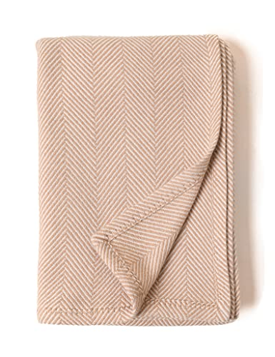 CURATED & COZY 100 Percent Wool Tan and Ivory Soft Herringbone Throw Blanket 53''x69'' (Tan and Ivory), 1HDBKHER003
