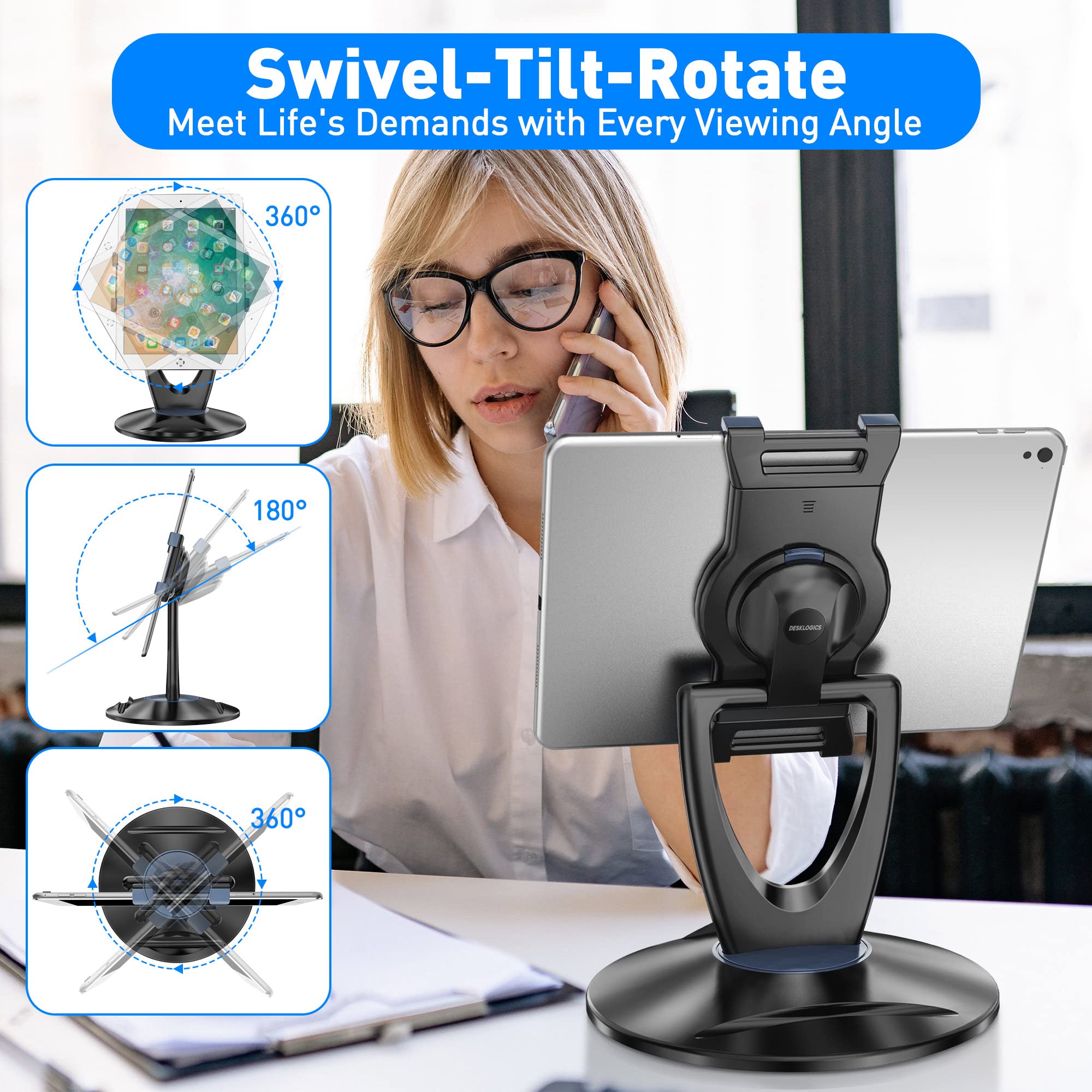 DeskLogics iPad Tablet Stand Holder for Desk - 6 inch to 13 inch - Stable, Adjustable - 360° Swivel Angle Pen Phone iPad Stand for Store, Retail Kiosk, Reception, Home Office, Gift Ideas - Black
