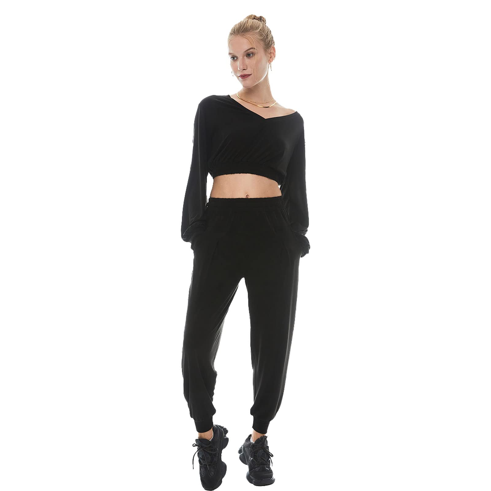 ARECON Long Sleeve Crop Tops Blouses for Women Relaxed Fit V-Neck Cropped Sweatshirt Pullover Athletic Running Workout Tops Black