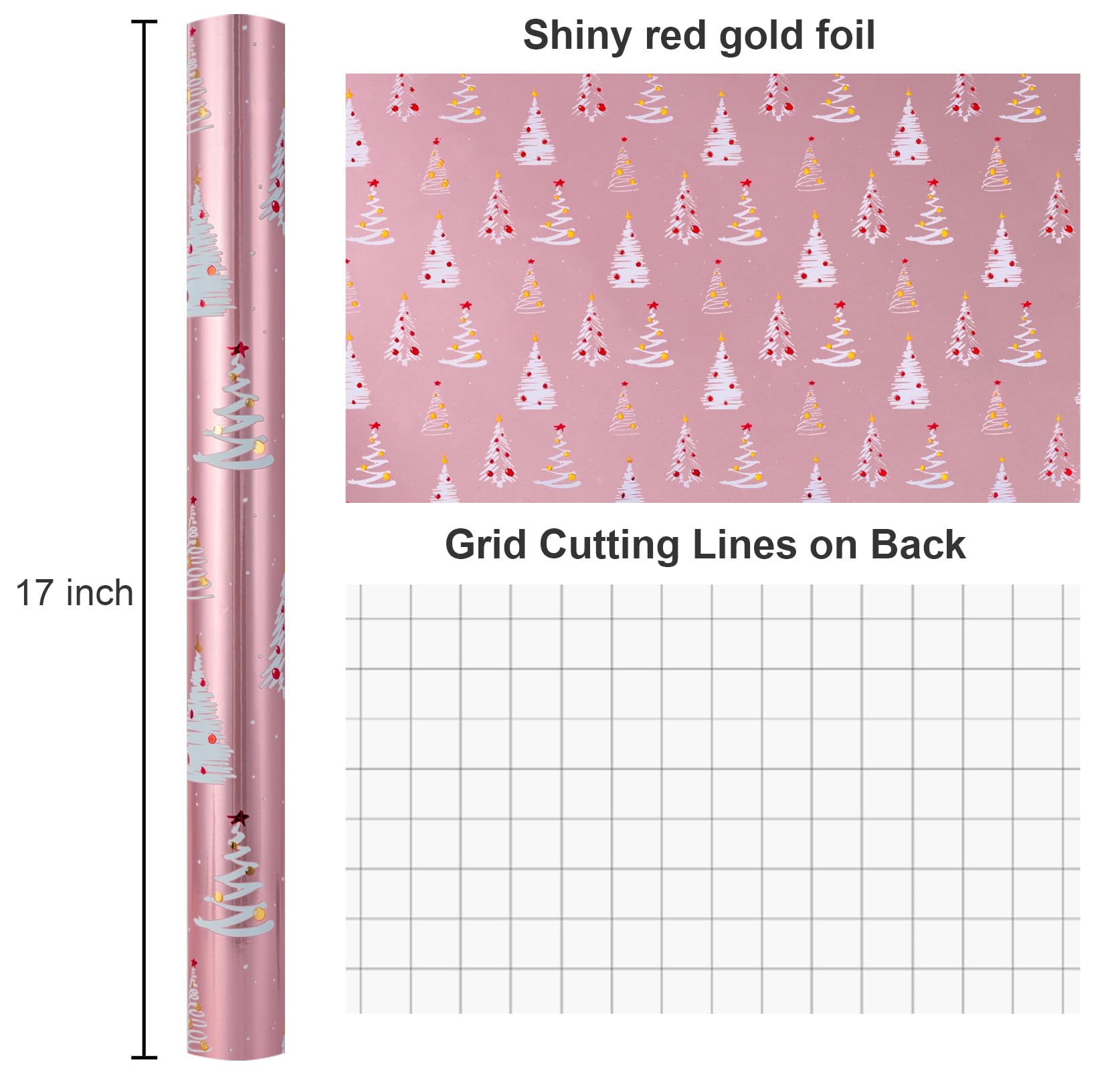 Burymento Christmas Wrapping Paper Roll, Pink Gift Wrap Paper with Grid Lines for Christmas,Metallic Foil Shiny Wrapping Paper - 17 Inches x 32.8 Feet 1 Roll Christmas Trees