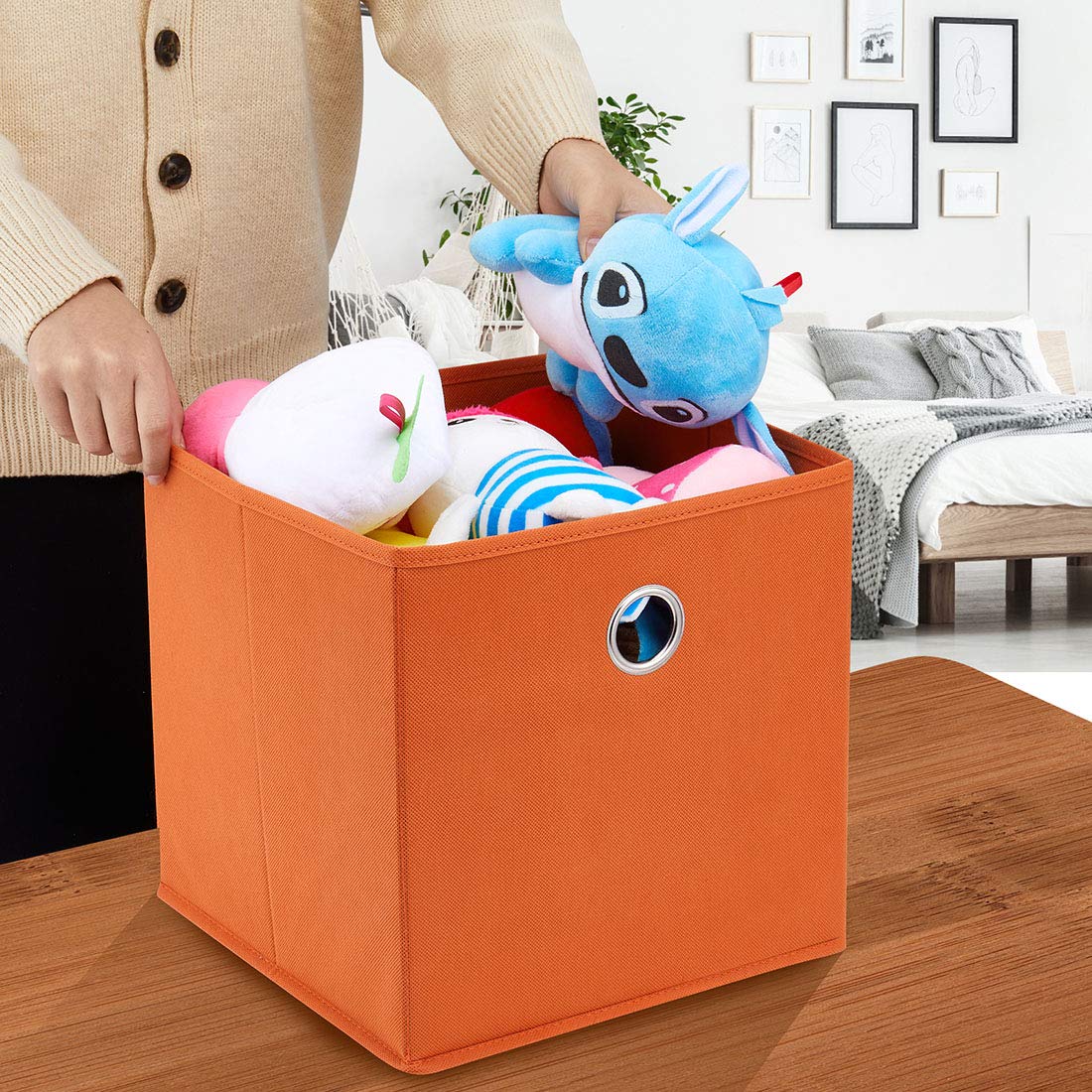 i BKGOO Foldable Storage Cube Drawer Bins Collapsible Fabric Storage Boxes with Round Metal Grommets for Organizing Shelf Nursery Home Closet 4 Pack Orange 11x11x11 inch