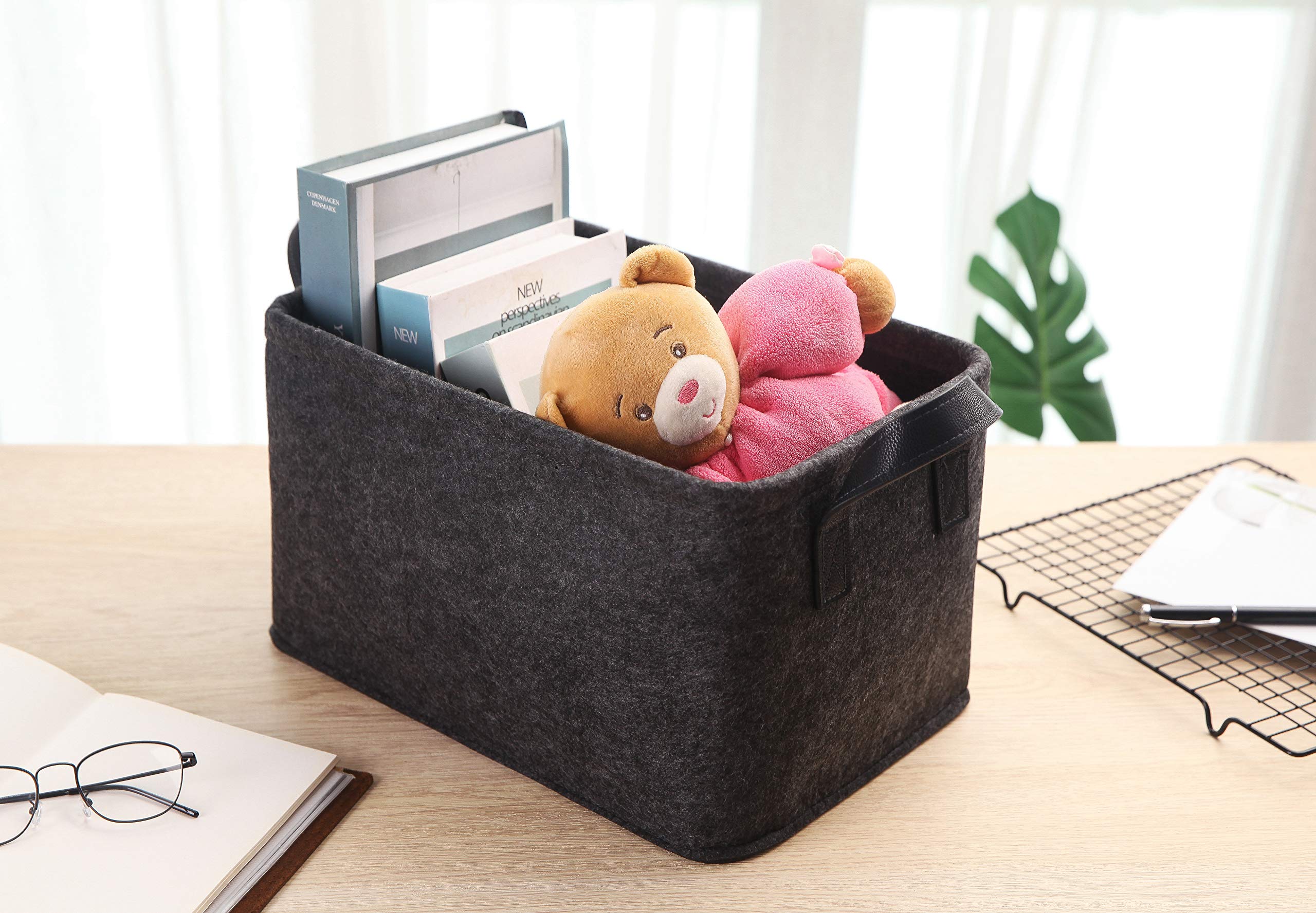 Collapsible Storage Basket with Carry Handles Felt Fabric Storage Bin Durable Organizer for Gift Toys Shoes Clothes Towels Nursery Home Laundry Office Decorative Organizing Box(Dark grey)