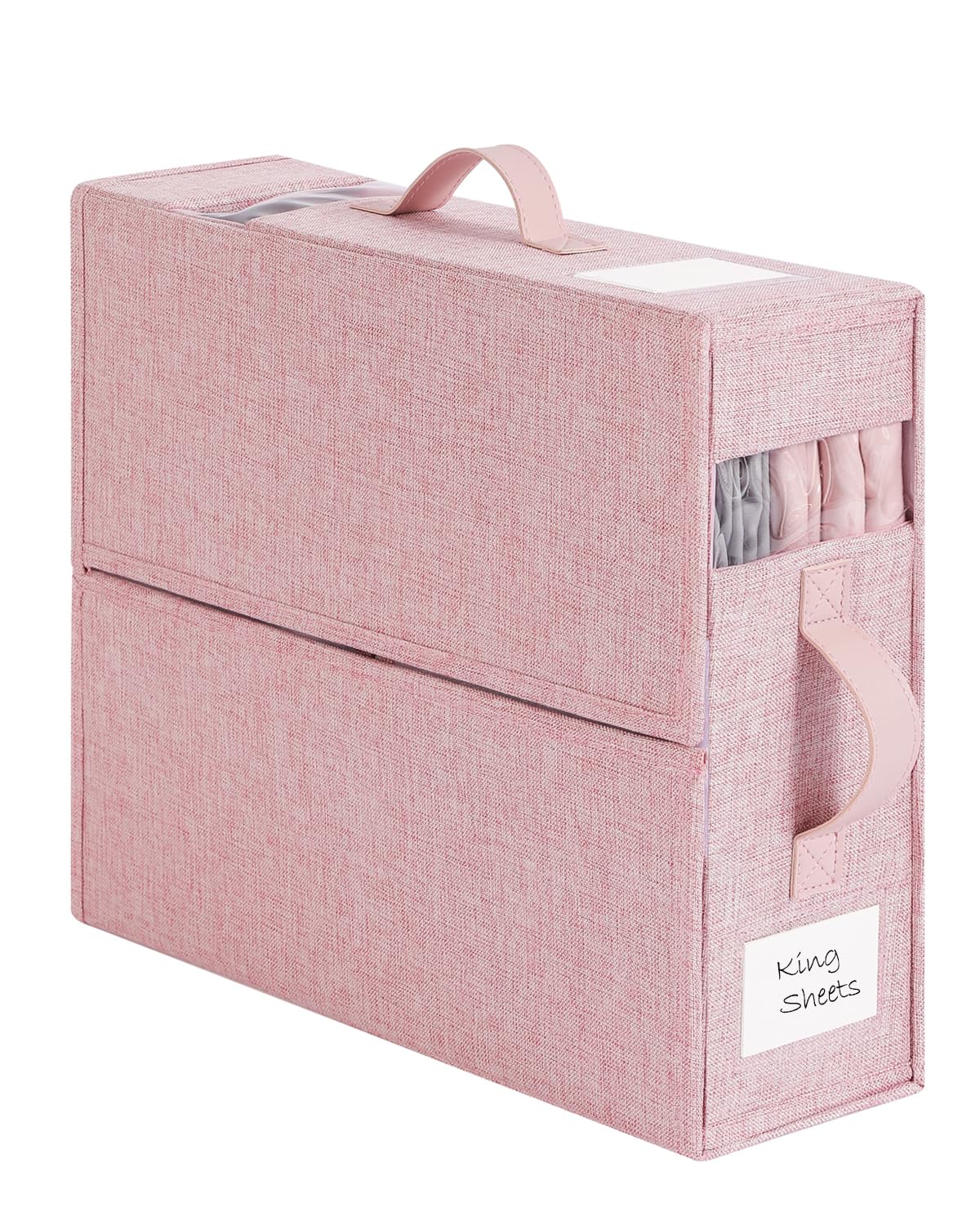 BESHOOME 4-Pack Bed Sheet Organizers and Storage, Queen/King Size (Pink), Foldable Sheet Organizer for Linen Closet, Fabric Storage Bins for Bedding Sheets,Duvet Covers and Pillow cases