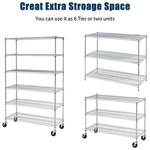 Dkelincs 6 Tier Wire Shelving Unit with Wheels 48" X 18" X 76" Metal Storage Shelves Height Adjustable NSF Heavy Duty Commercial Grade Garage Shelf Rack for Kitchen Basement Restaurant,Chrome
