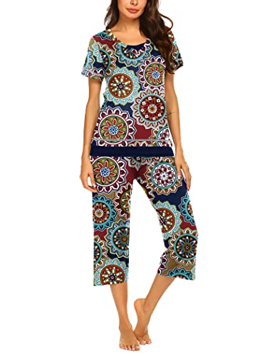 Ekouer Womens Pajama Set Summer Sleepwear Tops with Capri Pants Set Comfy Casual Prints Pj Sets