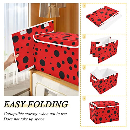 CaTaKu Ladybird Black Spots Storage Bins with Lids and Handles, Fabric Large Storage Container Cube Basket with Lid Decorative Storage Boxes for Organizing Clothes