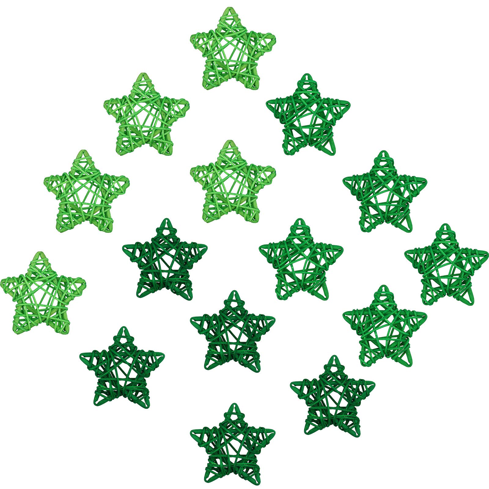 Jetec 15 Pieces 2.4 Inch Natural Rattan Stars Wicker Rattan Stars for Home Garden Wreath DIY Craft Wedding Valentine's Day Festival Party Hanging Decorations (Green, Light Green, Dark Green)