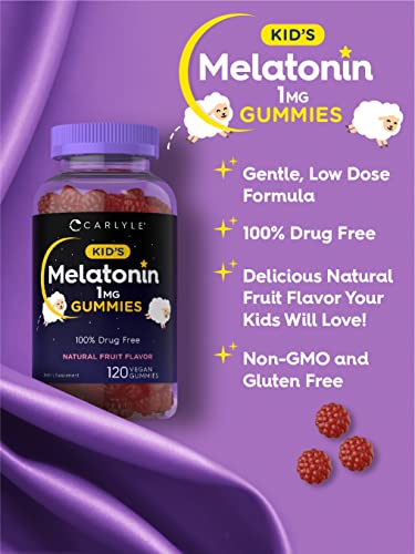 Carlyle Kids Melatonin Gummies | 1 mg 120 Count | Fruit Flavor Gummy | Vegan, Non-GMO, Gluten Free