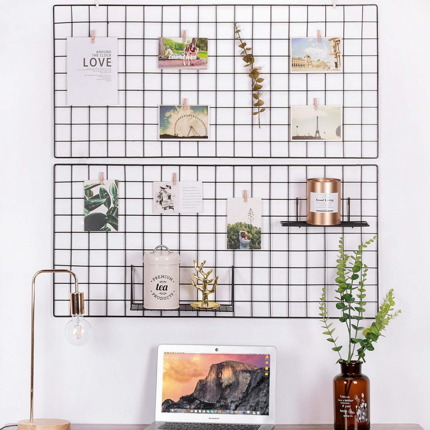 Yash Metal Wire Grid Panel, Display Organizer, Postcard, Wall Artwork Display for Home Office Living Room Dorm Room, Kitchen Storage Grid Wall, 37.4" X 17.7", Pack of 2 Pcs, Black
