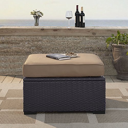 Crosley Furniture Biscayne Wicker Outdoor Ottoman Foot Rest for Patio, Deck, Porch, Brown with Mocha Cushions