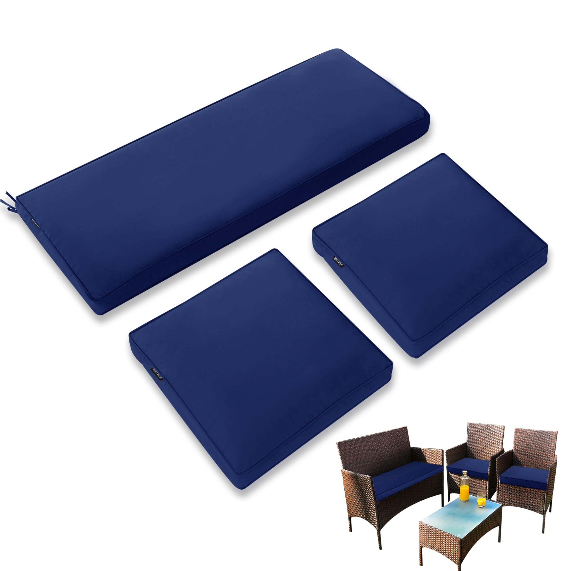 Comcaver 3 Pack Outdoor Cushions Set for Rattan Chair Wicker Sofa, Waterproof Patio Cushions Set for 4 Pieces Seater Outdoor Furniture Conversation, Navy