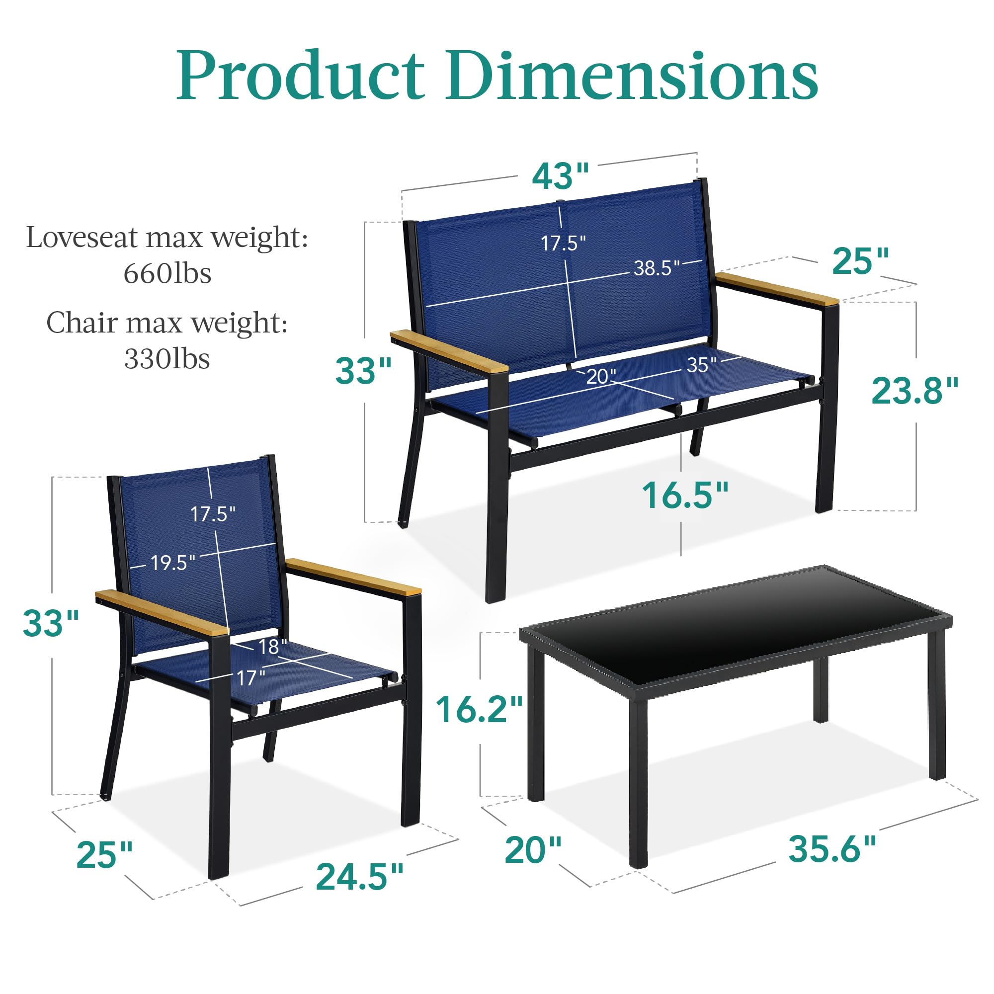 Best Choice Products 4-Piece Outdoor Textilene Patio Conversation Set, Backyard Furniture w/Loveseat, Coffee Table, Steel Frame - Black/Navy