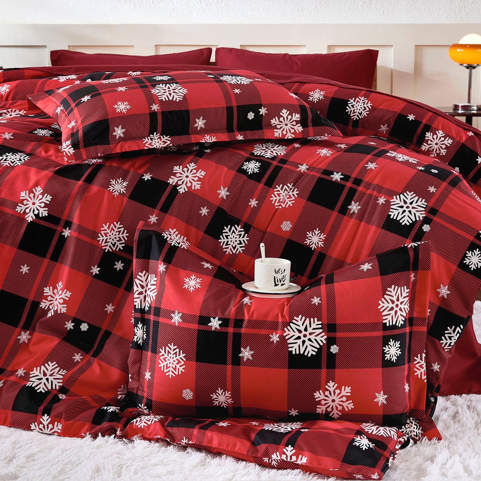 Christmas Duvet Cover Set Queen, Boho Red Teal Striped with Reindeer Cardinals Pattern Bedding Comforter Cover Set for Festive Bedroom Decor 3 Pieces Zipper Closure