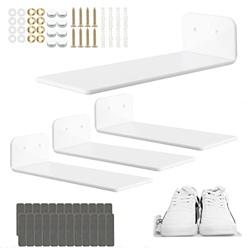 Cosmos 4 Pcs Acrylic Shoe Display Shelf Floating Shoe Shelves- Wall Mount Sneaker Shelves with Velvet Tape for Displaying Showcase Shoes and Sneaker Collection Shoes Box (Solid White)