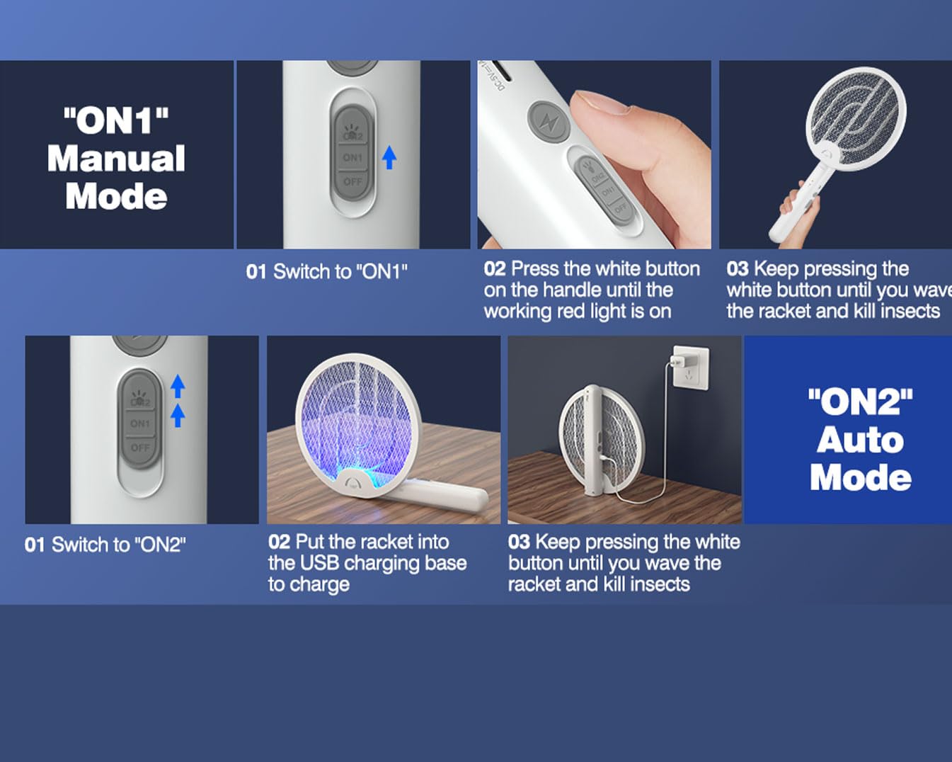 VLISBO Electric Fly Swatter 4000V 2 in 1 Bug Zapper Racket Fly Killer Mosquitoes Trap Lamp Rechargeable with 1200mAh Battery for Indoor Home Office Backyard Patio Camping (1 Pack)