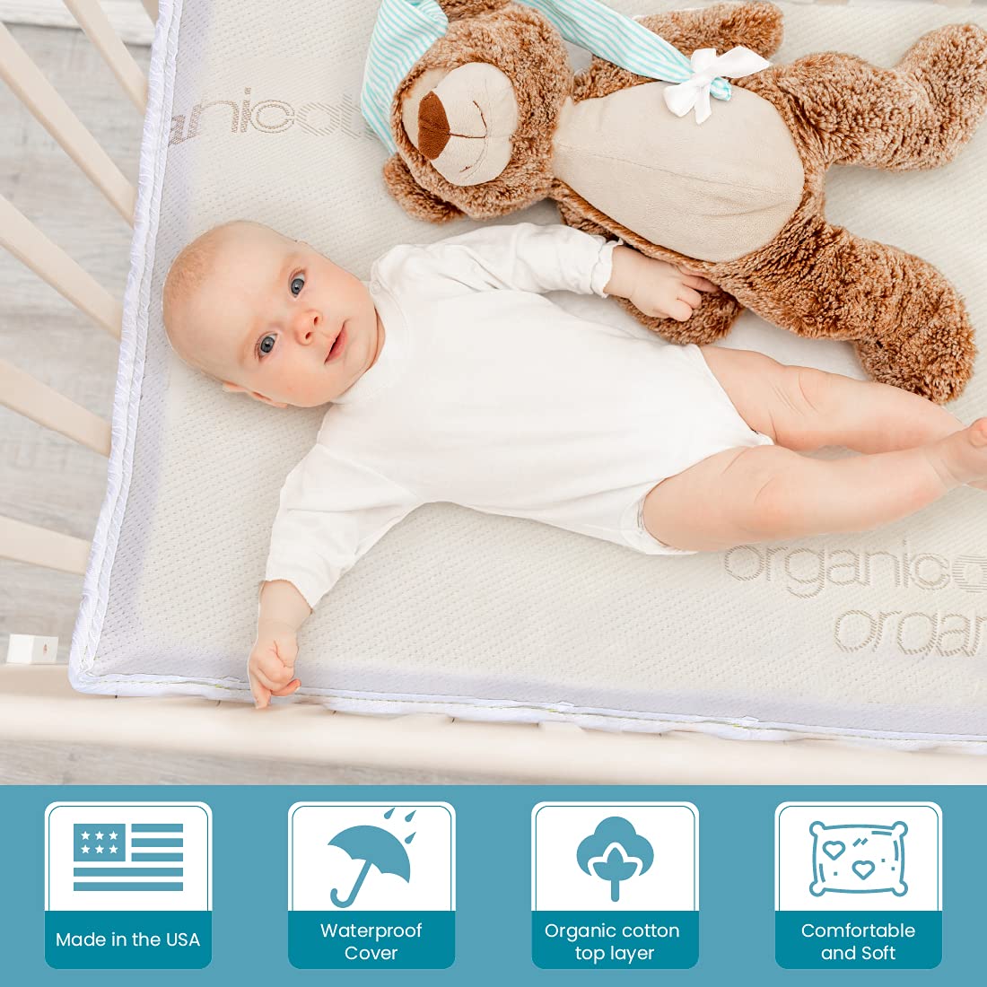 LA Baby Rectangular Bassinet Mattress Pad, 2" with 100% Organic Cotton Top Layer on Waterproof Cover - Made in USA