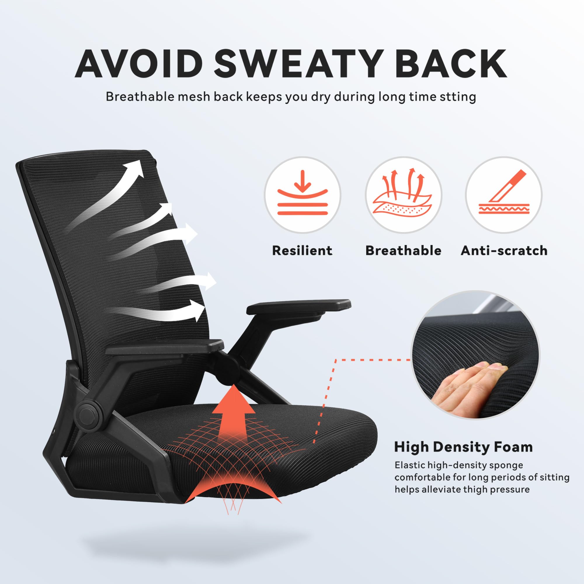 COMHOMA Office Chair with Flip-up Armrests Ergonomic Computer Desk Chair Foldable Mesh Task Chair with Wheels Adaptive Lumbar Support Swivel Tilt Comfortable Study Chair, Black (Seat Depth 17.7")