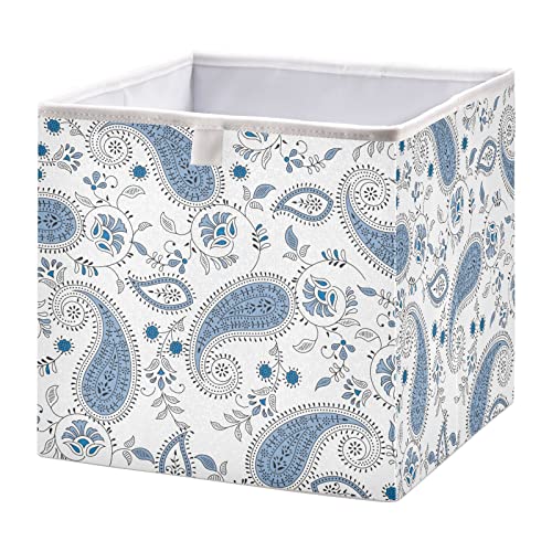 CaTaKu Blue Paisley Flower Cubes Storage Bins 11 inch Collapsible Fabric Storage Baskets Shelves Organizer Foldable Decorative Bedroom Storage Boxes for Organizing Home