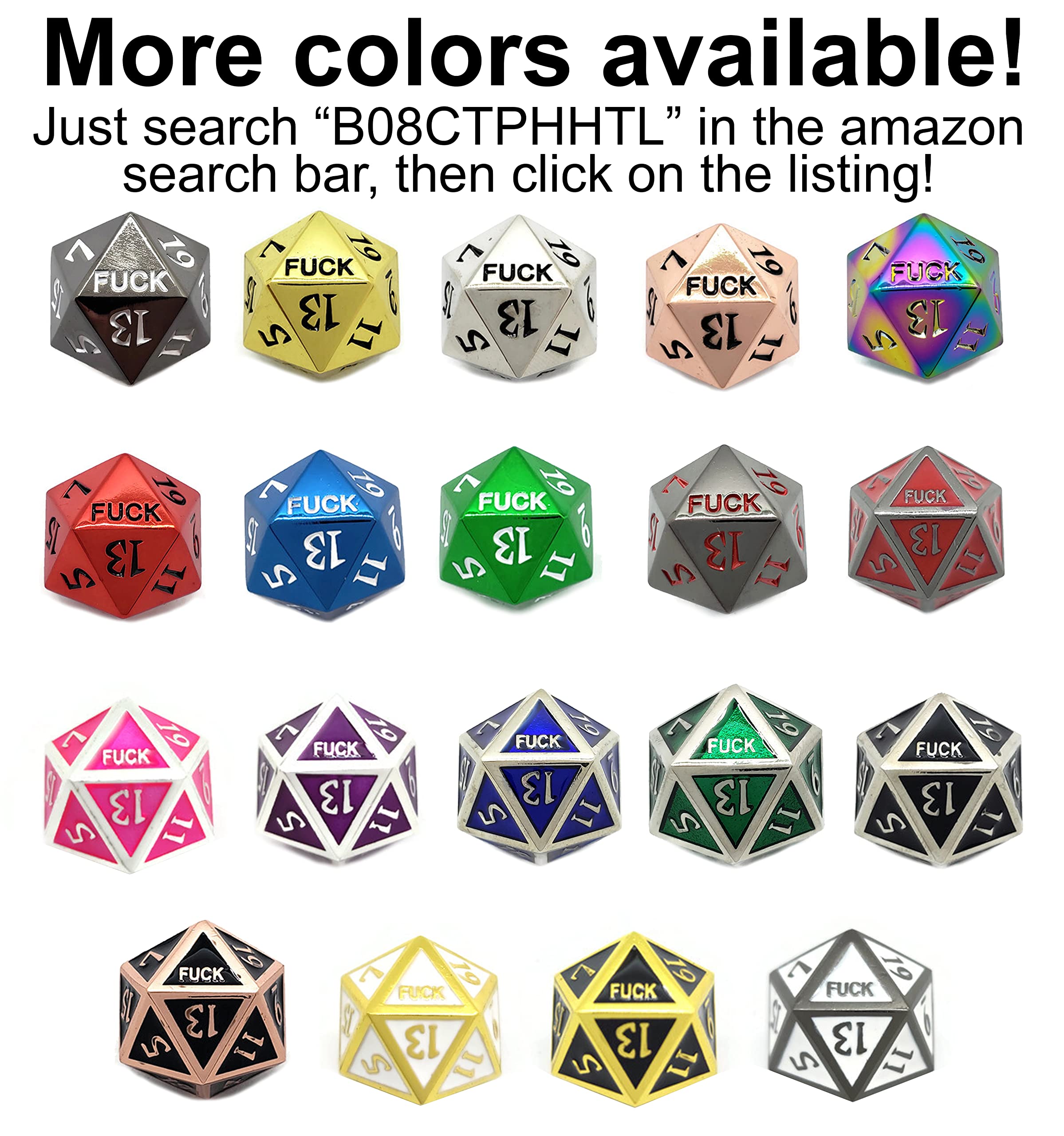 Green Metal D20 F Dice Critical Fail F 20 Sided Die Set DND Silver Chrome Color Number for Role Playing Game Dungeons and Dragons D&D Pathfinder Shadowrun and Math Teaching