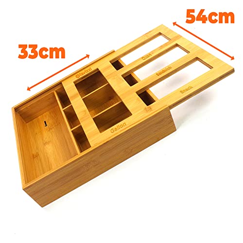 Favizzi Drawer Storage Organizer for Ziploc Bags, Premium Bamboo Kitchen Drawer Bags Organizer and Dispenser, Fits Gallon, Quart, Sandwich and Snack Bags