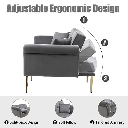 civama Futon Sofa Bed, Velvet 76" Twin Size Couch with 2 Pillows, Convertible 3-Seater 3 Adjustable Angle Tufted Sleeper with Nailhead Trim, Golden Metal Legs Folding Futon for Living Space, Gray