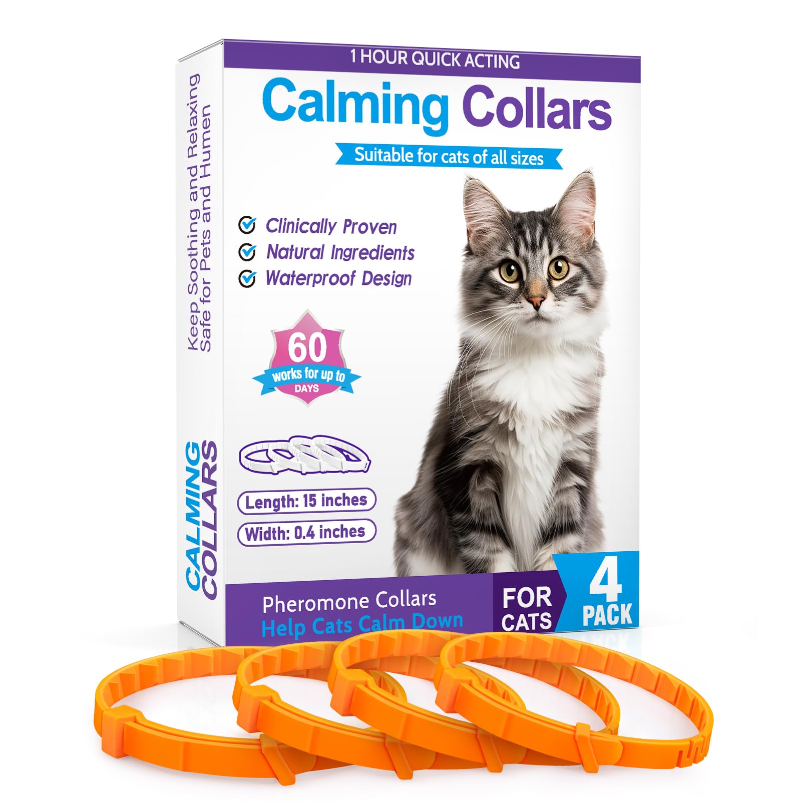 Calming Collar for Cats, Pheromone Collar for Cats, Anxiety Relief for Pets, 60-Day Long Calming Effect, Relief Anxiety Stress Separation - Suitable for Small, Medium, and Large Cats, 4 Pack