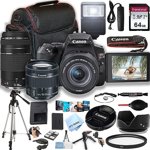 Canon EOS Rebel SL3 DSLR Camera w/EF-S 18-55mm F/4-5.6 STM Zoom Lens + 75-300mm F/4-5.6 III Lens + 64GB Memory, Case, Tripod, Flash, Remote, and More (34pc Bundle)
