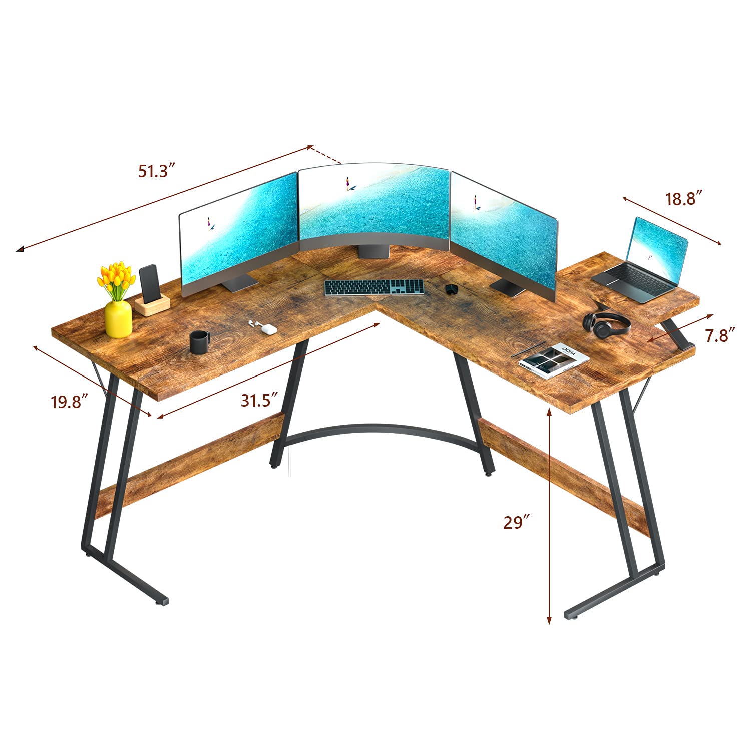 Devoko L Shaped Gaming Desk Computer Desk 51β Office Corner Desk with Monitor Stand Home Gaming Writing Study Table Workstation for Small Space (Rustic Brown)
