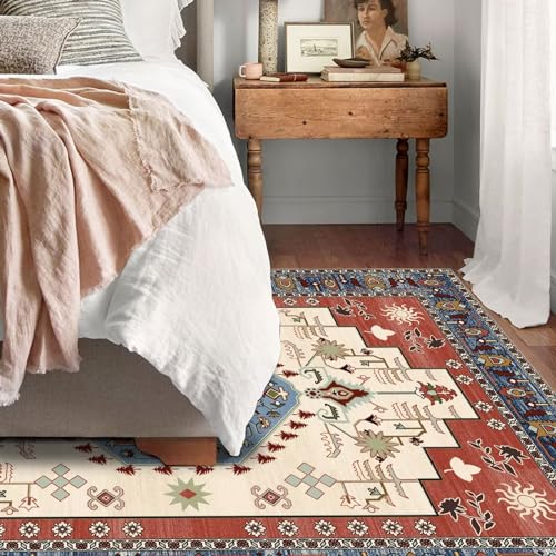 CHOSHOME Washable Rug - 5x7 Vintage Medallion Area Rugs with Non-Slip Backing Soft Stain Resistant Non-Shedding Low-Pile Floor Carpet Mat for Living Room Bedroom Kitchen Home Office,Red