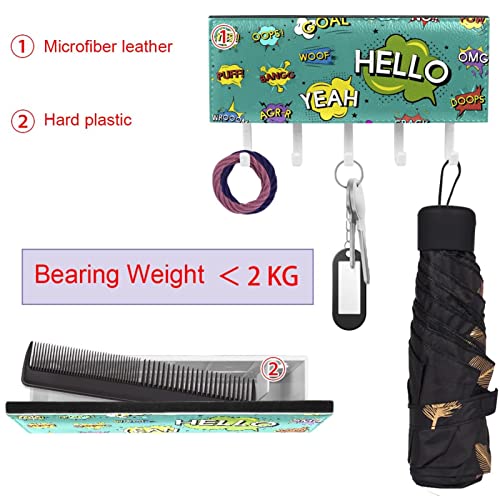 Collection of Explosion Comic Mail Holder Organizer and Key Hooks PU Front, Self Adhesive Key Rack with 5 Hooks Perfect for Entryway, Hallway,Bathroom ,Kitchen