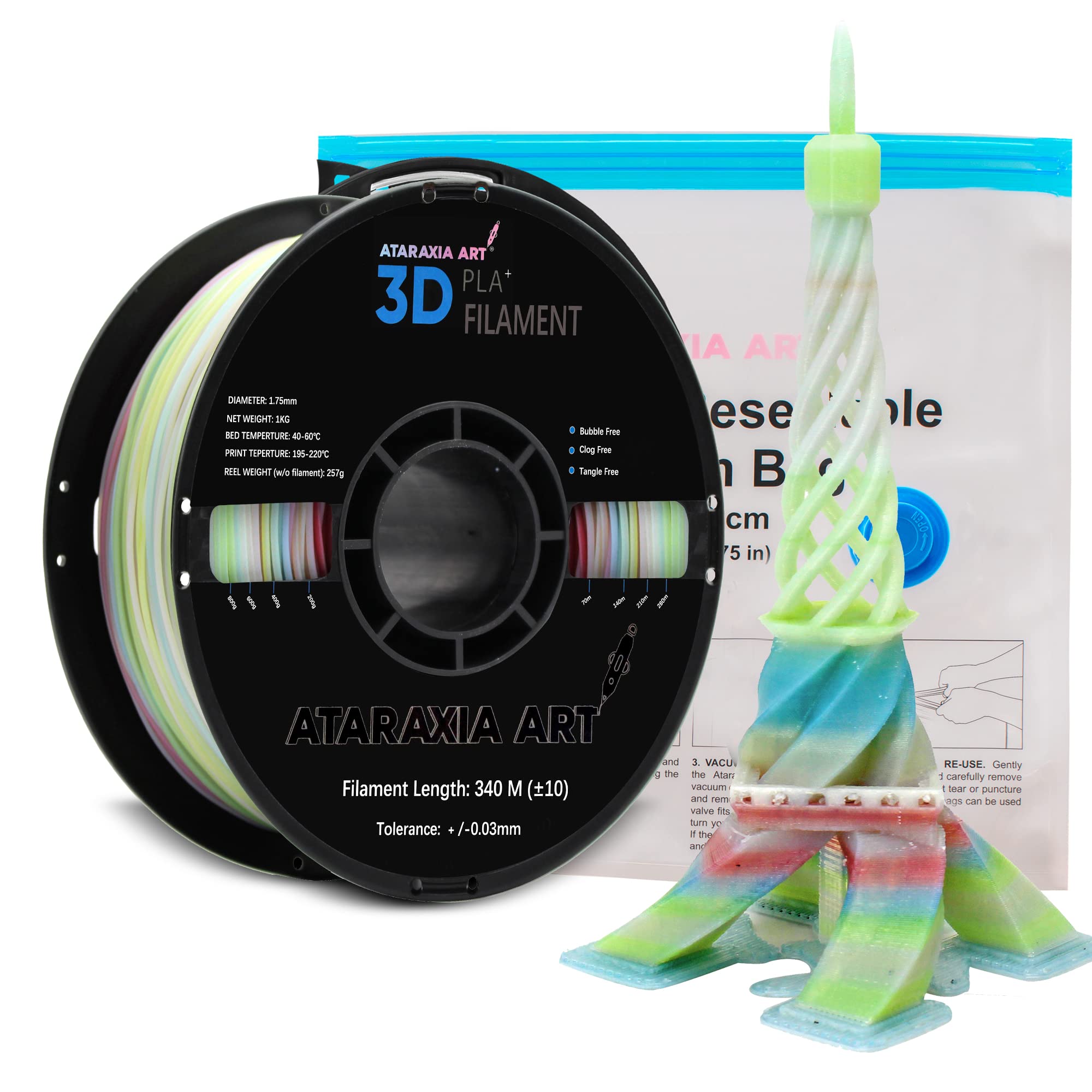 ATARAXIA ART White Mini Rainbow PLA Plus (PLA+) Filament, 3D Printer Filament, PLA Mini Multicolor Filament 1.75mm, 3D Printing Filament, 1KG, Include Filament Storage Bag, Fit Most FDM 3D Printer