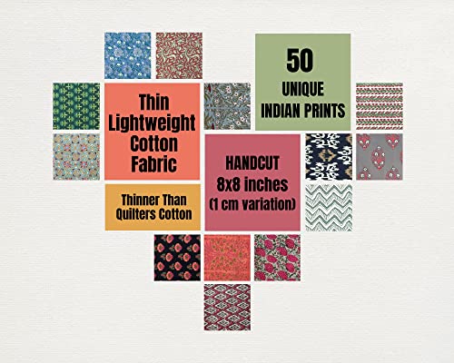 Craftbot 100% Cotton Lightweight Thin & Soft Indian Block Print Fabric Squares -50pc- 8x8" for Craft