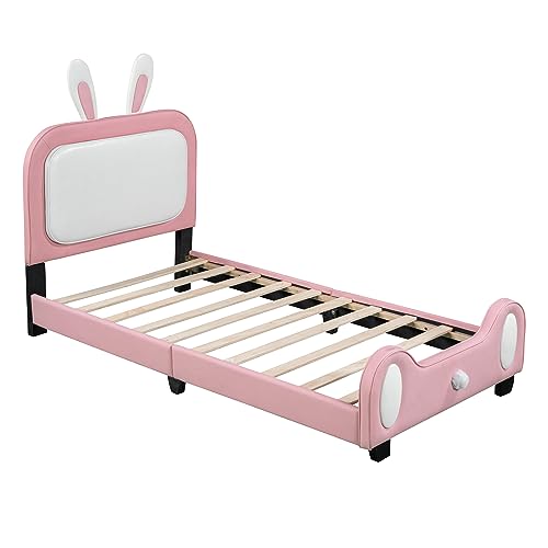 CJLMN Upholstered Rabbit Shaped Princess Bed Pink Platform Bed, Twin Size Wood Bed Frame with Bunny Ears Headboard and Bunny Tail Footboard, Kids Bedroom Furniture Fun Cute Rabbit Bed