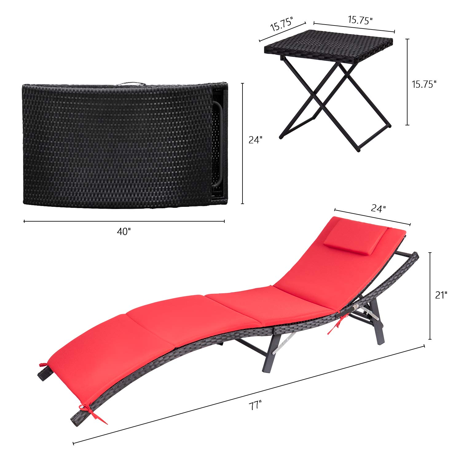 Devoko Patio Chaise Lounge Sets Outdoor Rattan Adjustable Back 3 Pieces Cushioned Patio Folding Chaise Lounge with Folding Table (Red)