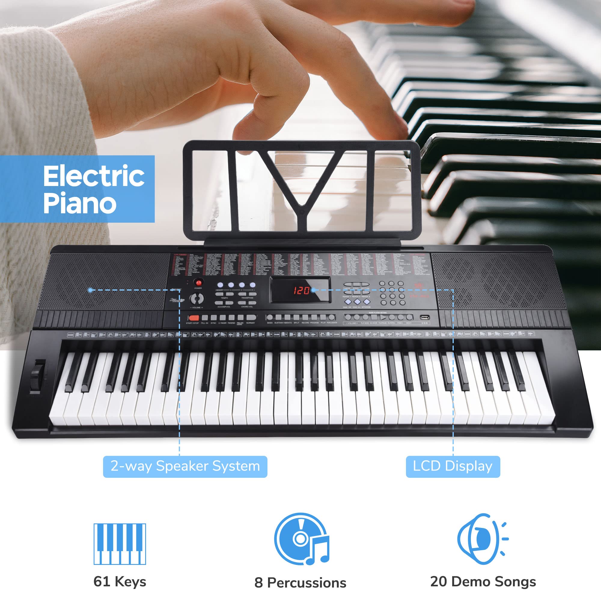 AW 61 Key Full Size Electronic Electric Keyboard Piano LCD Digital Display USB Input MP3 Demo Songs for Beginners Black