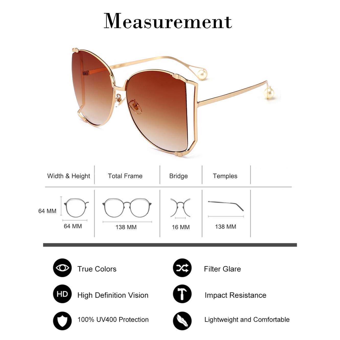 Armear Women Oversized Semi Rimless Sunglasses Retro Gold Metal Frame Brown Lens Fashion Pearl Design 64mm