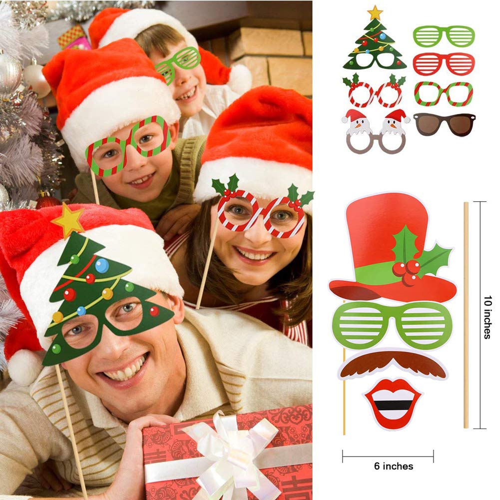 Christmas Photo Booth Props 32Pcs(Upgraded Version), Merry Christmas Party Pose Sign, Red and Green Christmas Party Supplies Decorations for Kids Adults