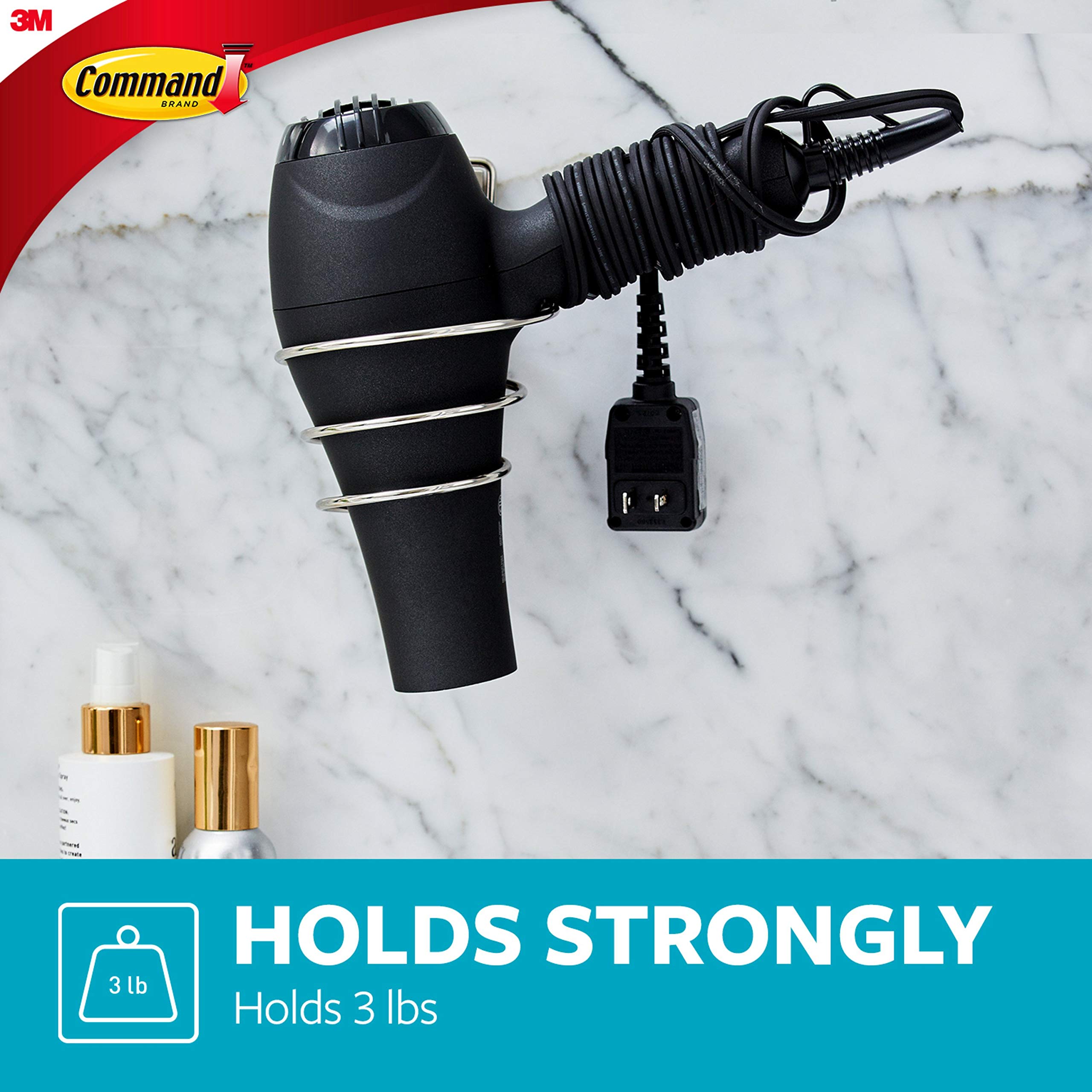 Command Hair Dryer Holder, Satin Nickel, 1-Holder, 2-Water-Resistant Strips, Organize Damage-Free