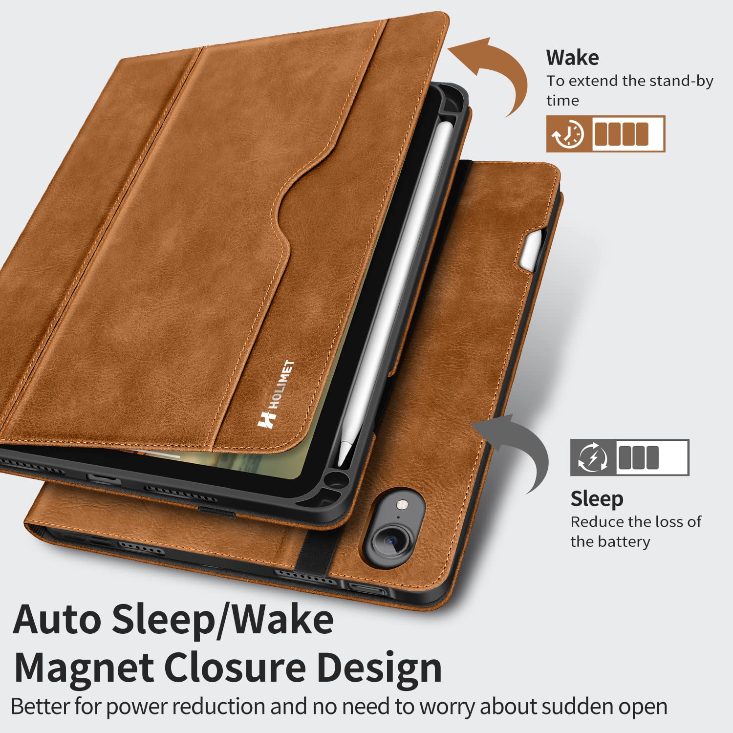 H HOLIMET Case for 2024 iPad Mini 7/2021 iPad Mini 6 with Pencil Holder Pocket with Soft TPU Back Cover (Fits Model #'s A2567, A2568, A2569, A2993, A2995, A2996), Sleep/Wake, Vegan Leather