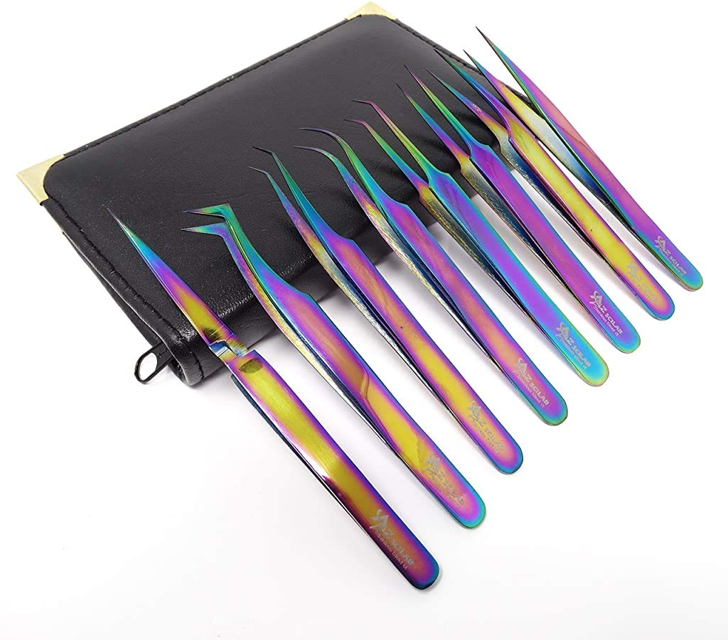 Set of 8 Piece Stainless Steel Multi Rainbow Color Eyelash ExtensionTweezers (A2ZSCILAB)