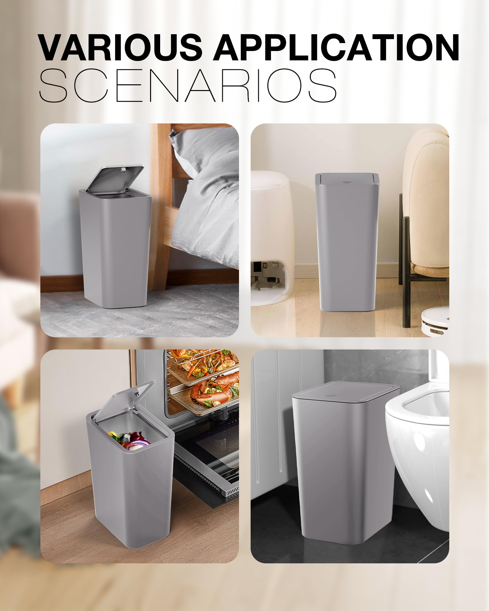 ITCPRL Bathroom Trash Can with Lid, 2 Pack 4 Gallons/15 Liters Garbage Can with Pop-Up Lid, Small Plastic Trash Can, Slim Trash Bin Waste Basket for Bathroom, Bedroom, Office, Living Room(Grey)