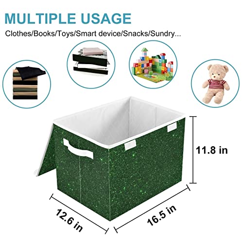 CaTaKu Emerald Green Glitter Storage Bins with Lids and Handles, Fabric Large Storage Container Cube Basket with Lid Decorative Storage Boxes for Organizing Clothes