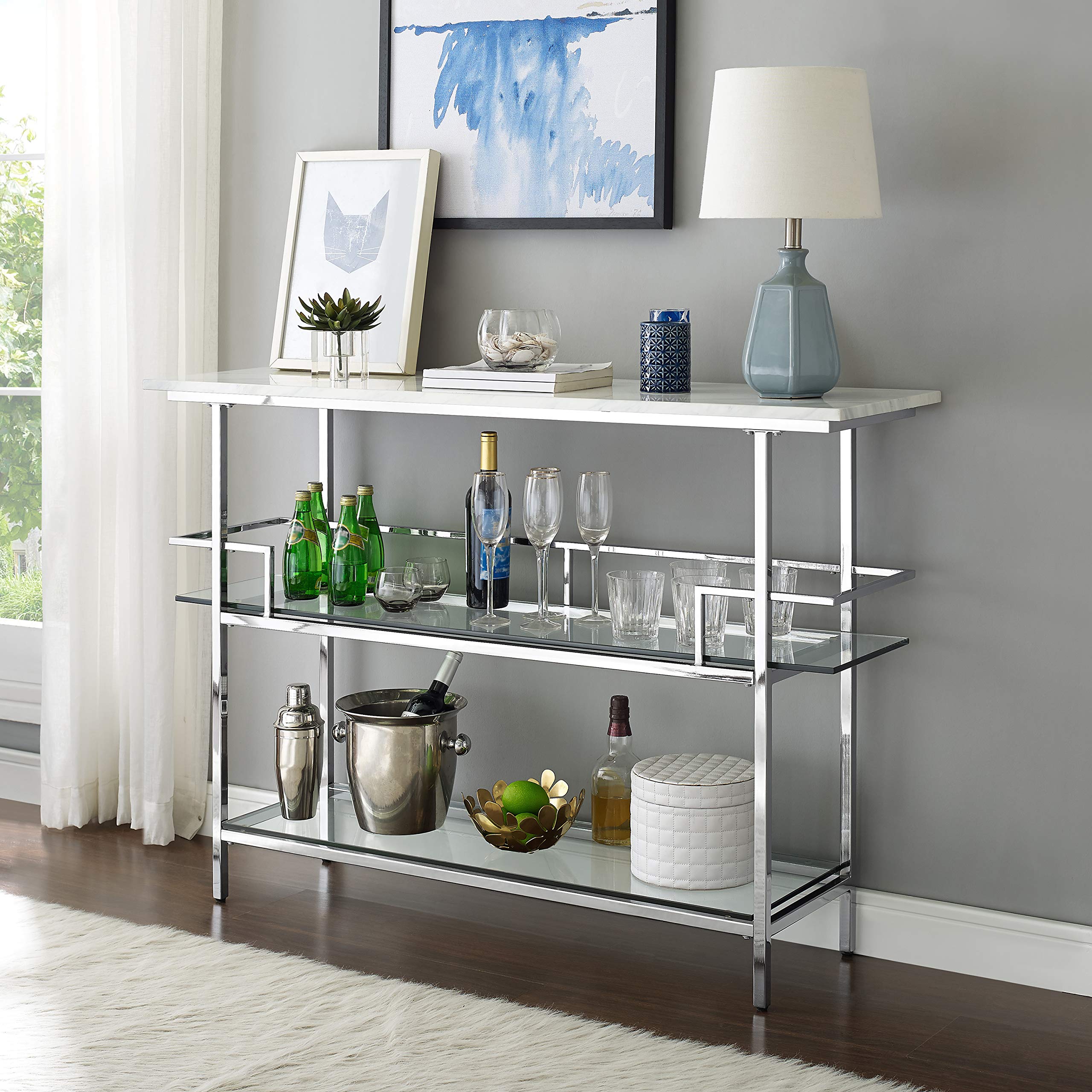 Crosley Furniture Aimee Bar with Paper Marble Top, Chrome Finish