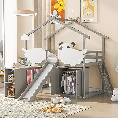 DNYN Twin Size House Bed with Storage Shelves & Pullable Desk & Wardrobe & Slide for Kids Bedroom,Wooden Bedframe w/Ladder & Cute Shaped Fence,Perfect for Boys and Girls,Space Saving Design, Gray