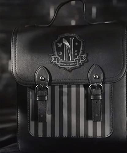 CLESUZ Wednesday Backpack Vintage Black Leather Backpack with Adjustable Shoulder Straps and Trendy Keychains Preppy Y2K Gothic Academy Backpack (GreyStripes)