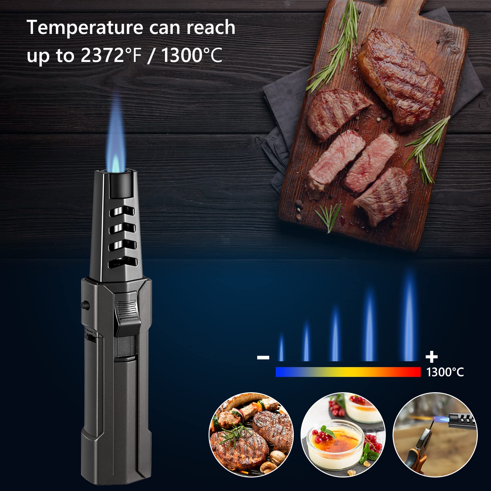 Butane Torch, Refillable Kitchen Torch Lighter with Safety Lock Adjustable Flame Solar Beam Torch Blow Torch with Safety Lock for BBQ Baking Fireplace (Butane Gas Not Included) (Black-2)