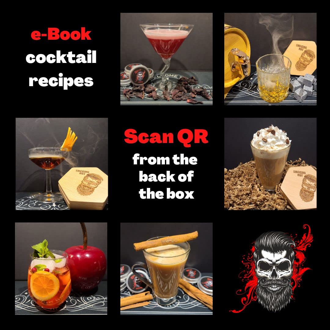 Bourbon-Old Fashioned Smoker with torch, 6 wood chips flavors, skull ice mold, e-book with 10 recipes, tea spoon and brush, in stylish box ready to gift. (Cocktail smoker kit - No butane)