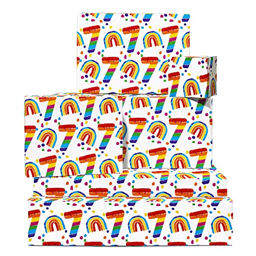 CENTRAL 23 Girls Wrapping Paper Birthday - Rainbow - 6 Sheets of White Gift Wrap - 7th Birthday Gift for Kids - Age 7 Seven - Comes with Stickers
