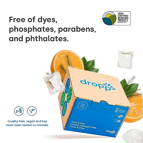 Dropps Stain & Odor Laundry Detergent | Clean & Crisp, 32 Pods | Low-Waste Packaging | Works In All Machines - High Efficiency (HE) Compatible | Powered by Natural Plant-Based Ingredients